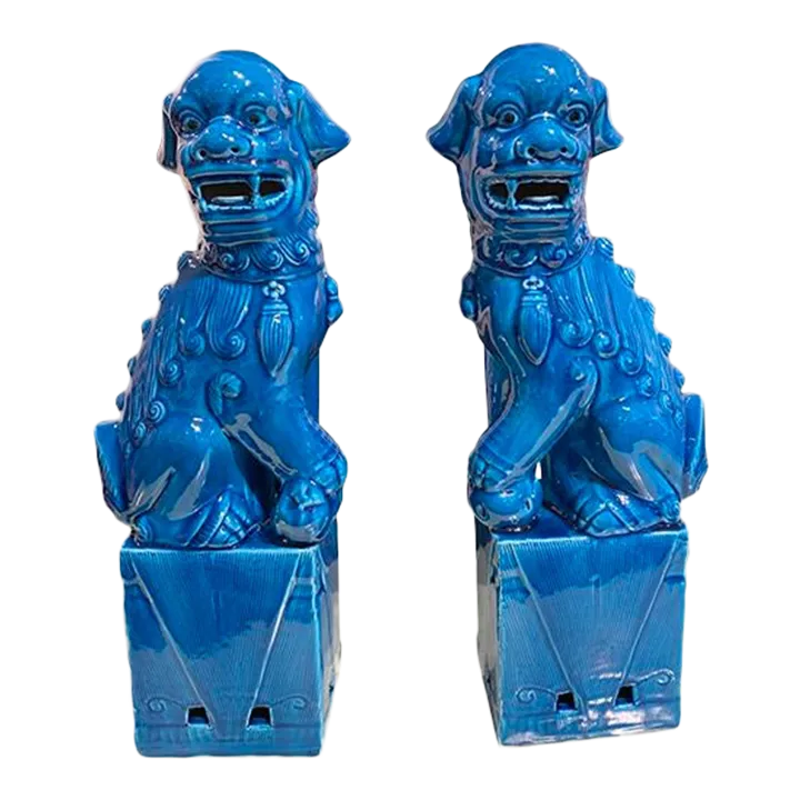 1980s Chinese Blue Ceramic Fu Dogs - a Pair | Chairish