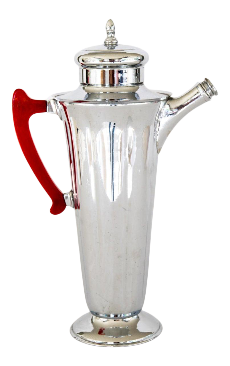 1930s Silver Cocktail Pitcher With Red Baketlite Handle | Chairish