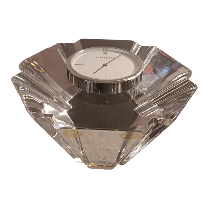 1970s Orrefors Sweden Crystal Paperweight Desk Quartz Clock | Chairish
