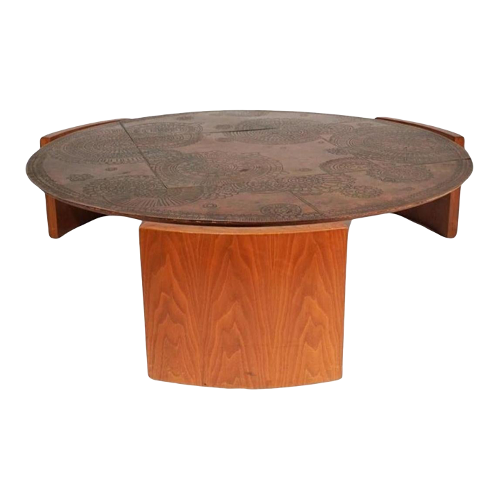 Vladimir Kagan (1927-2016) Patinated Etched Brass Top Teak Coffee Table ...