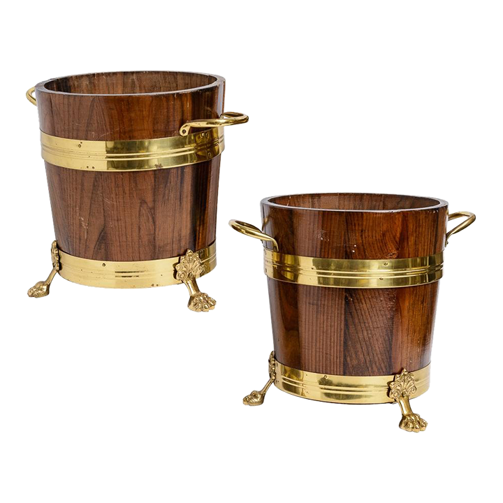 English Campaign Style Wood & Brass Claw Feet Buckets, A-Pair | Chairish
