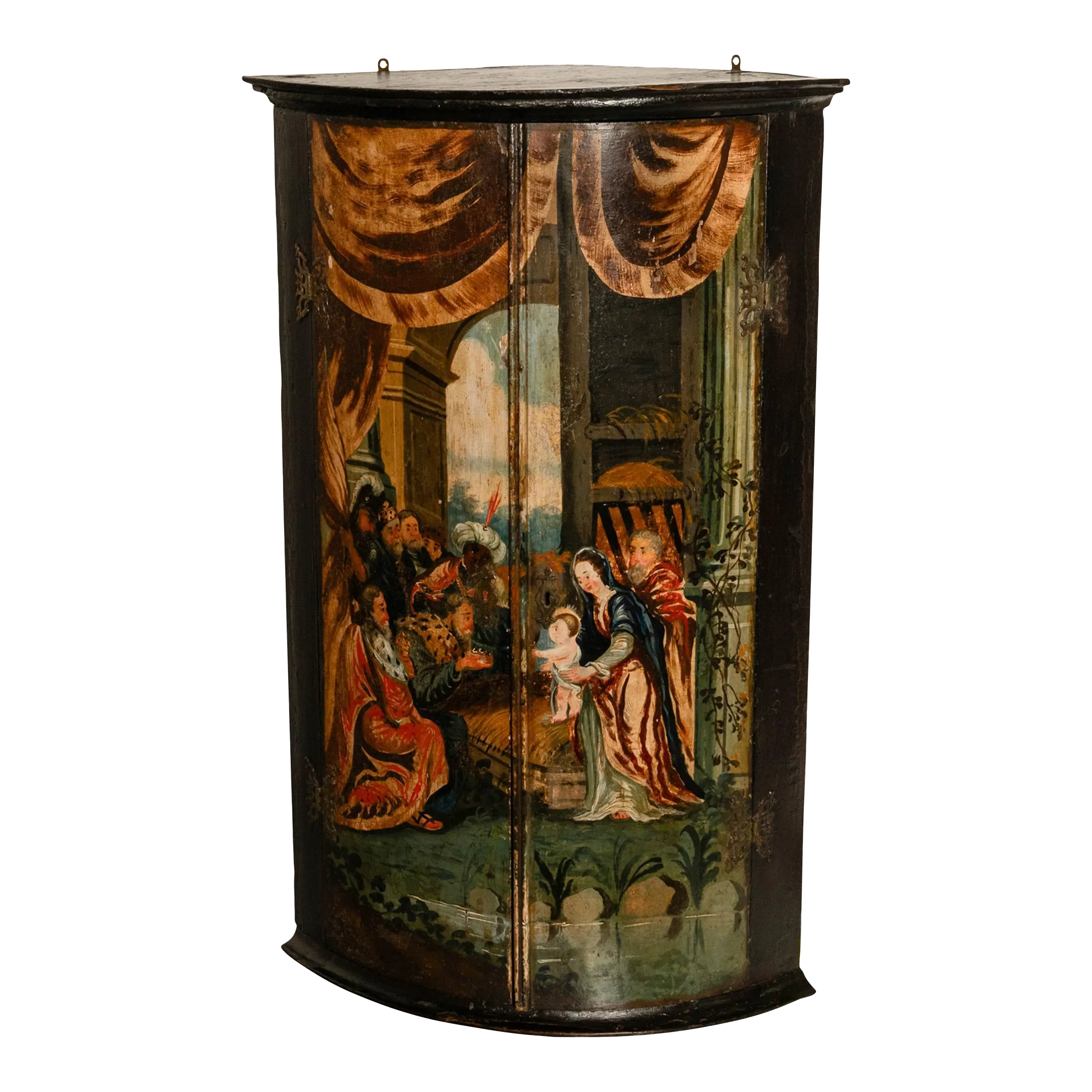 Antique Flemish Painted Polychrome Corner Cabinet Christ Nativity Magi ...
