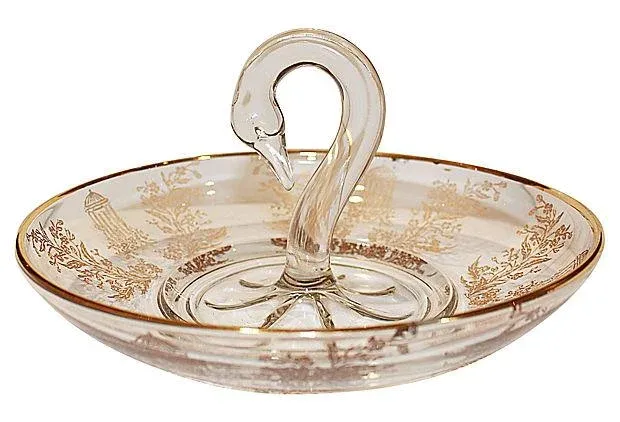 Etched Gilt Glass Swan Bowl | Chairish