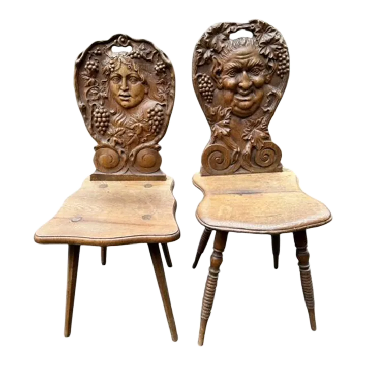Early 1900s Pair of God and Goddess of Wine Cellar Wood Carved Chairs ...