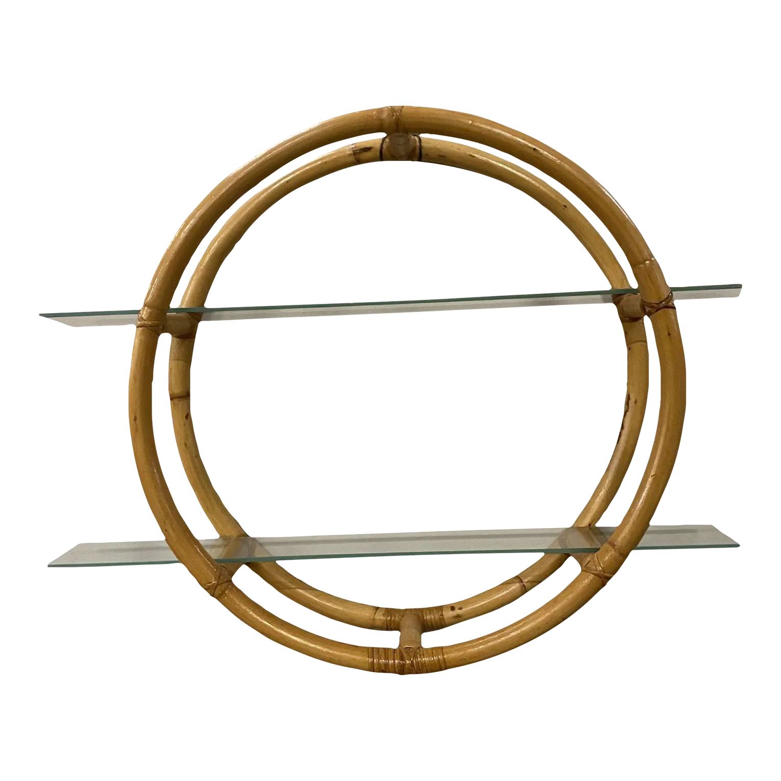 Restored Circular Rattan Wall "Skeleton" Shelf W/ Glass Tiers | Chairish