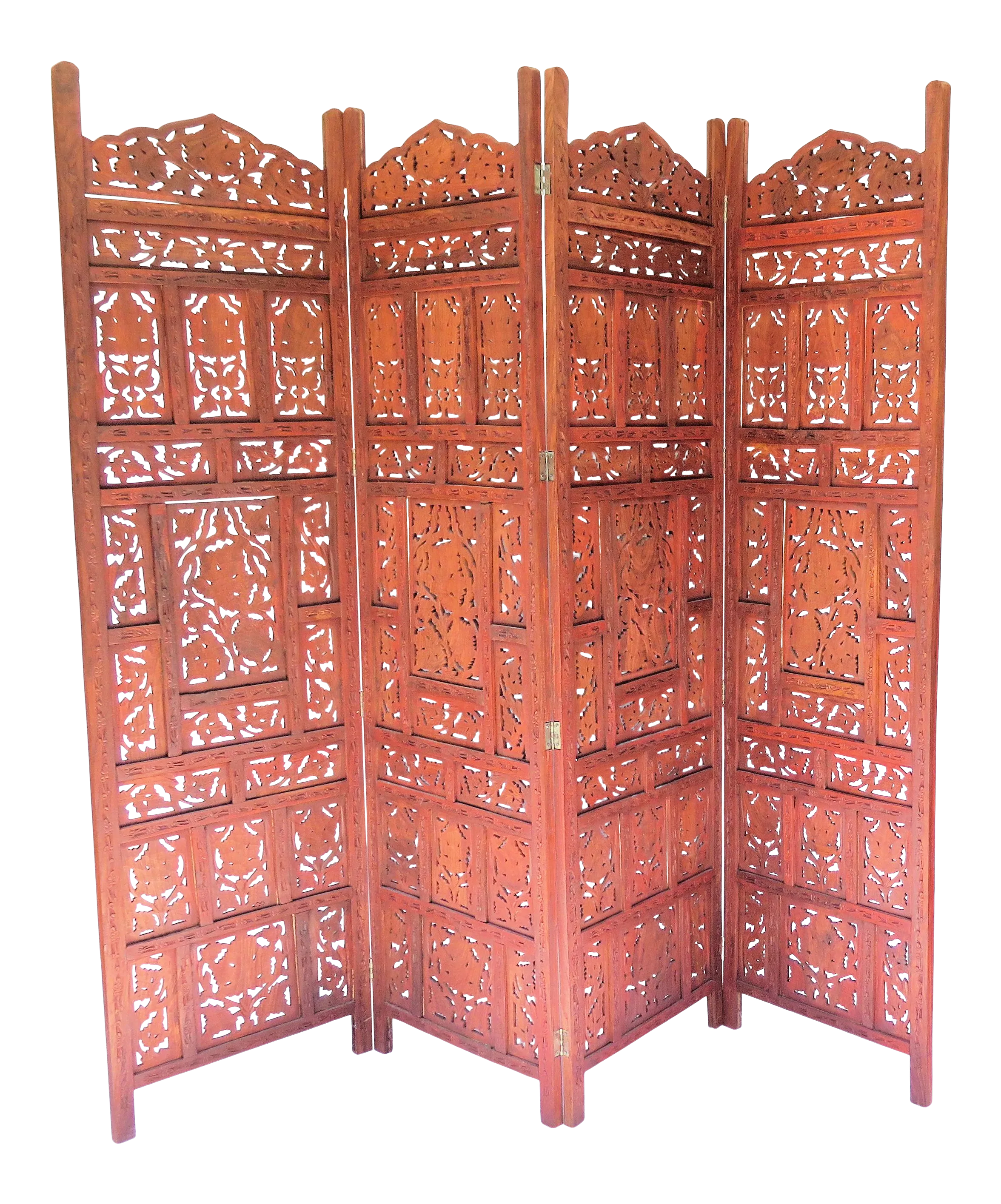 1960s Vintage 4 Panel Indian Teak Wood "Angure Ka Patta" Screen | Chairish