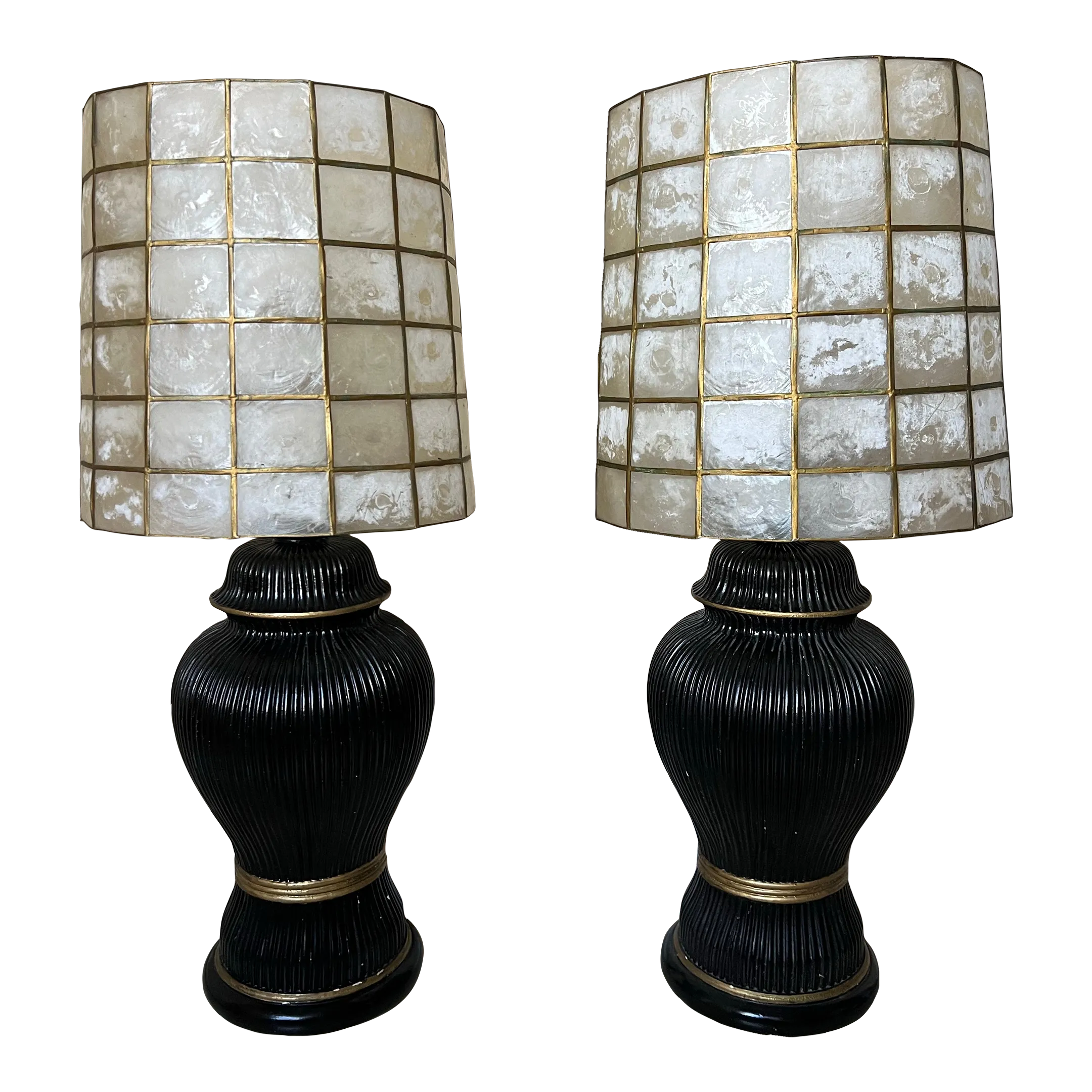 Vintage Black & Gold Lamps With Capiez Shell Shade - Pair | Chairish
