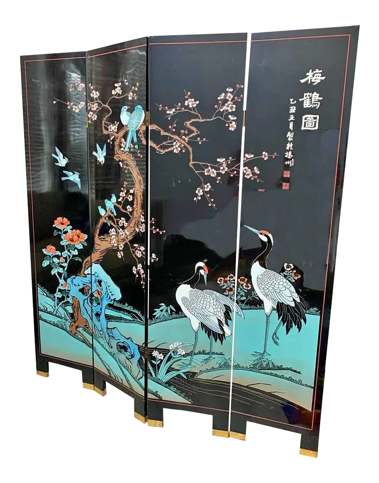 Vintage Oriental Asian Four Panel Screen Room Divider W Turquoise River ...