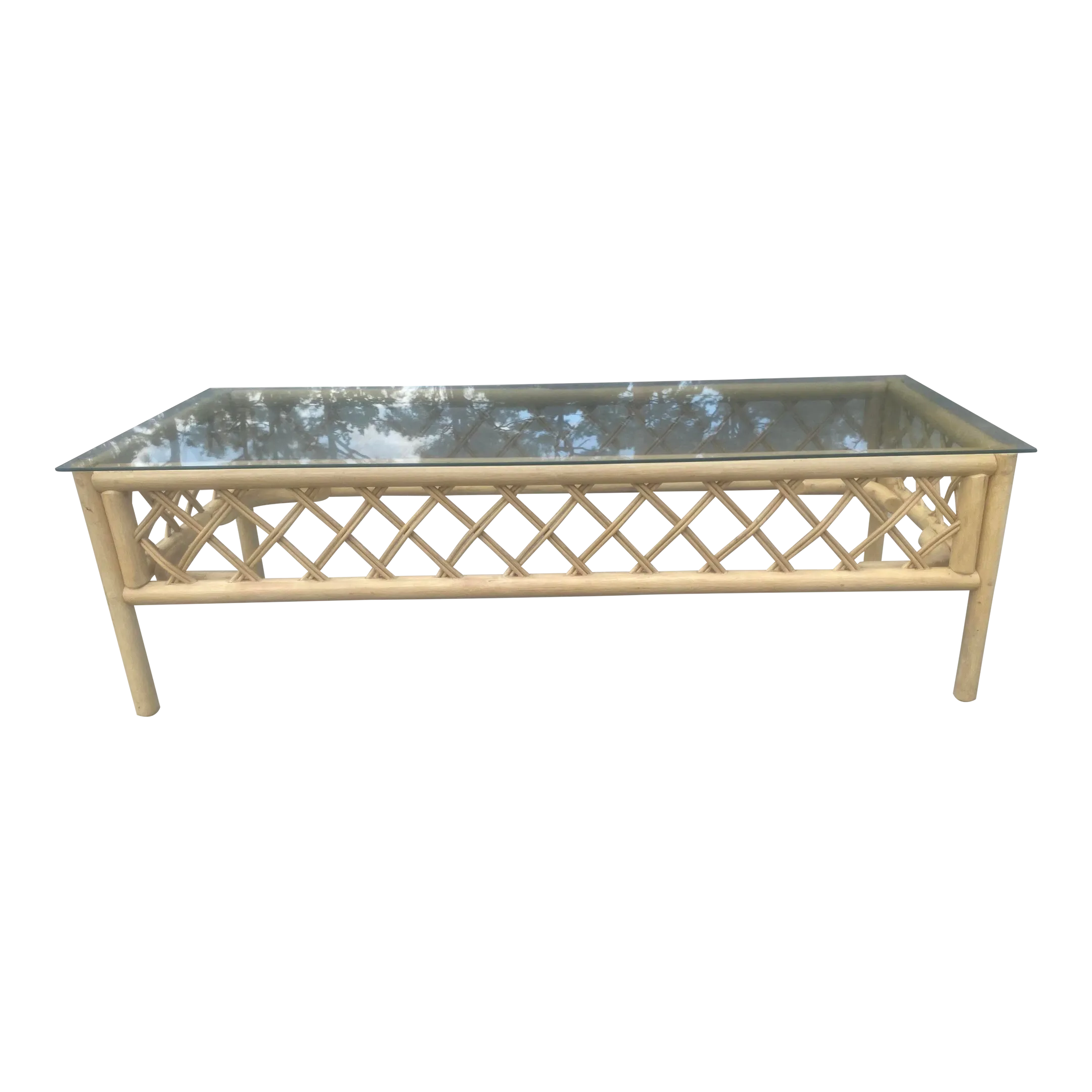 1980s Boho Coastal Lattice Tan Rattan Rectangular Coffee Table | Chairish