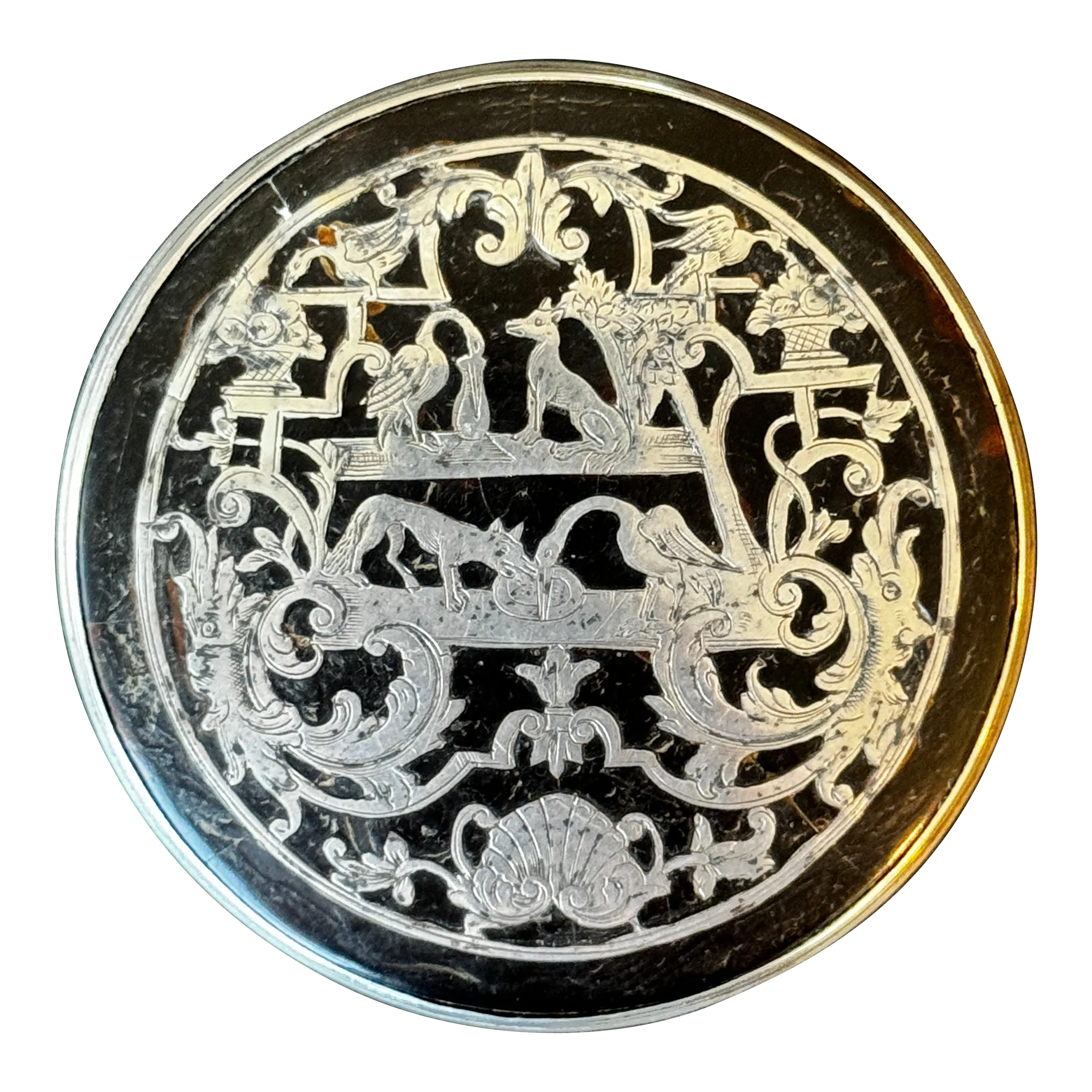 French Tortoise Shell Circular Box With Inlaid Silver Top Depicting Fox ...