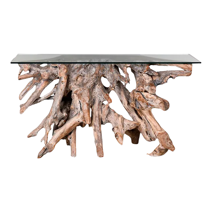 Teak Root Console Table With Glass Top | Chairish