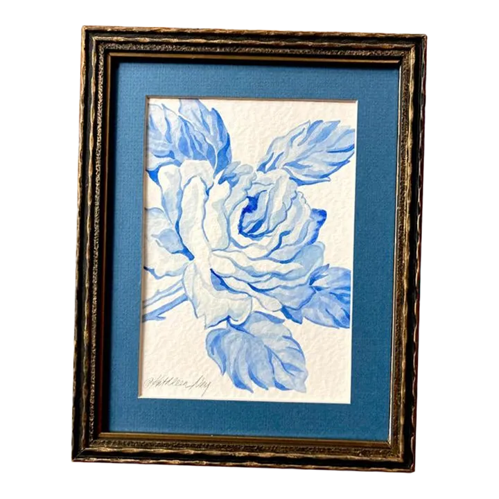 Orignal Watercolor Painting of a Chintz Style Rose, Vintage Frame, Blue ...