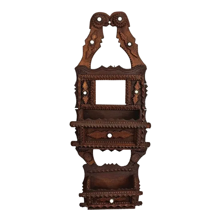Antique Chip Carved Tramp Art Wall Rack With Porcelain Detailing | Chairish