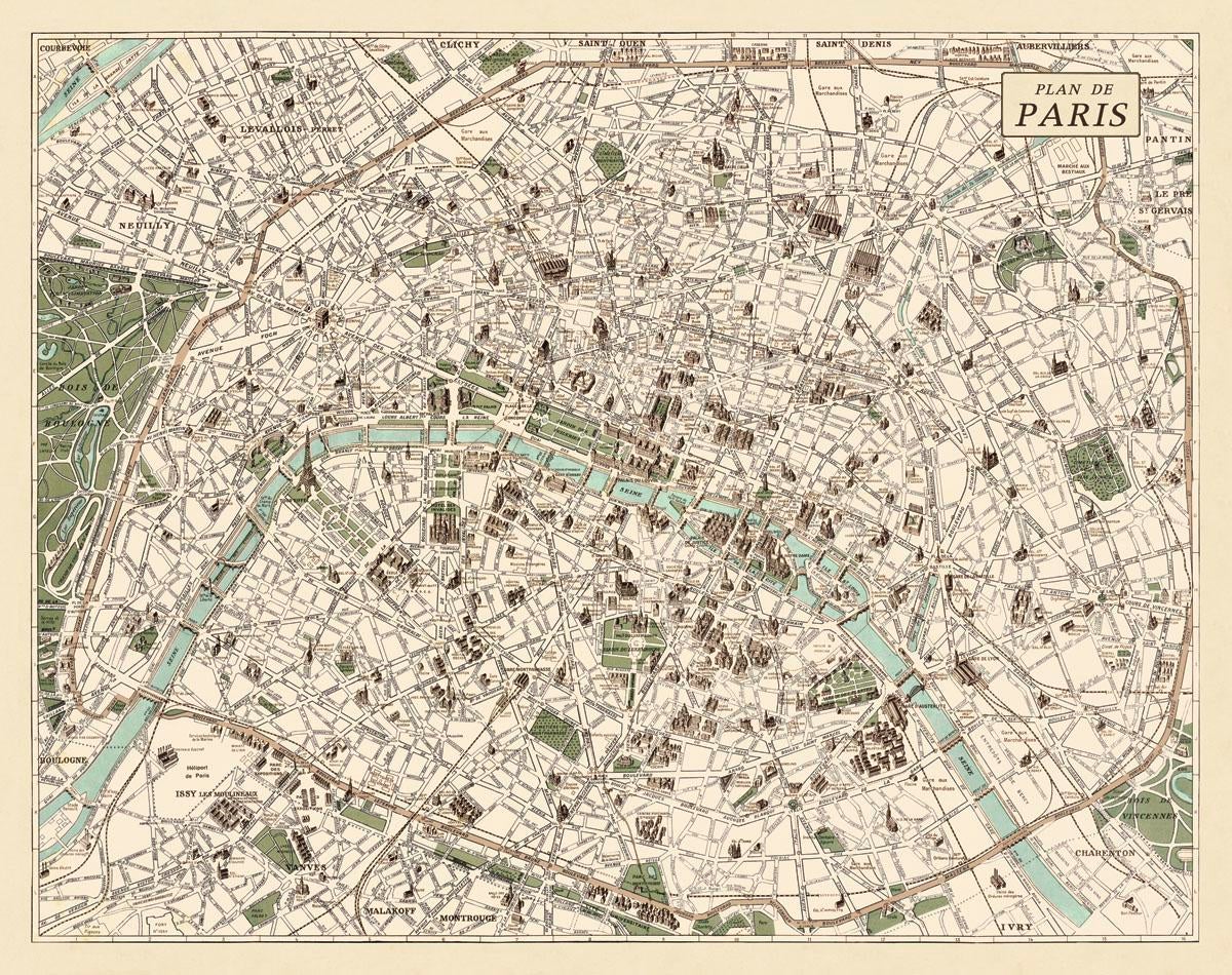 Contemporary Map of Paris Circa 1925 - 16 x 13 | Chairish