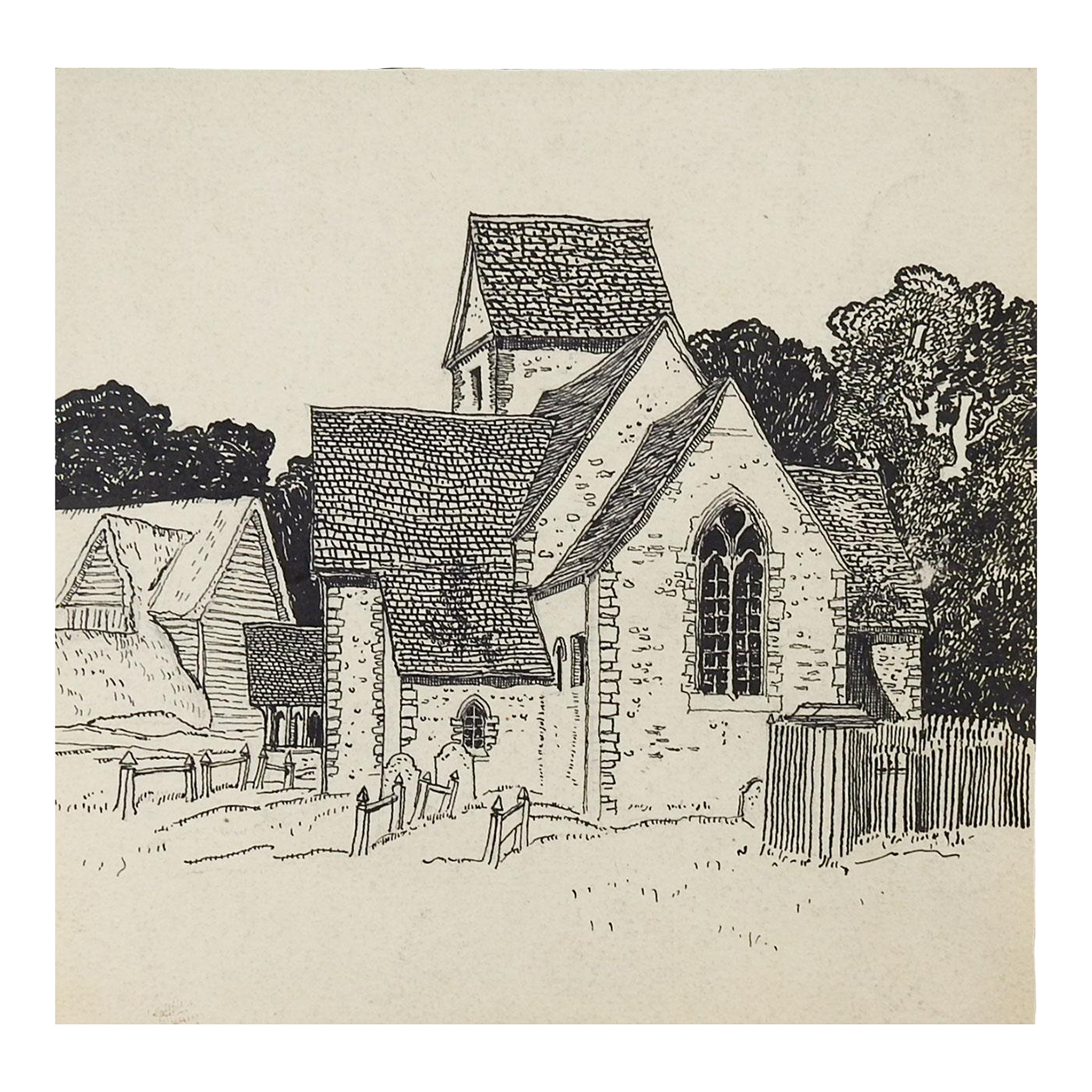 Antique Pen & Ink Village Church Drawing | Chairish