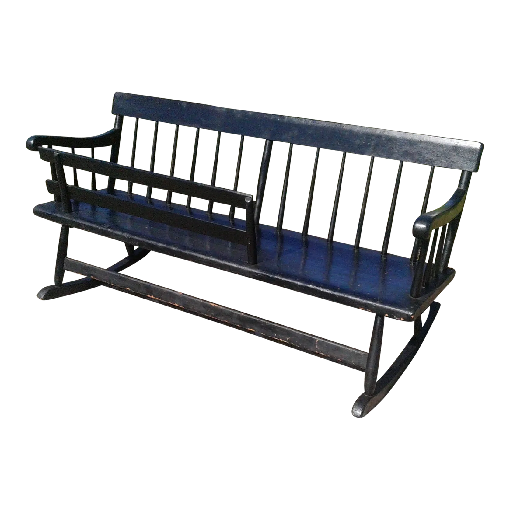 Antique American Primitive Wooden Black Rocking Bench With Plank Seat ...