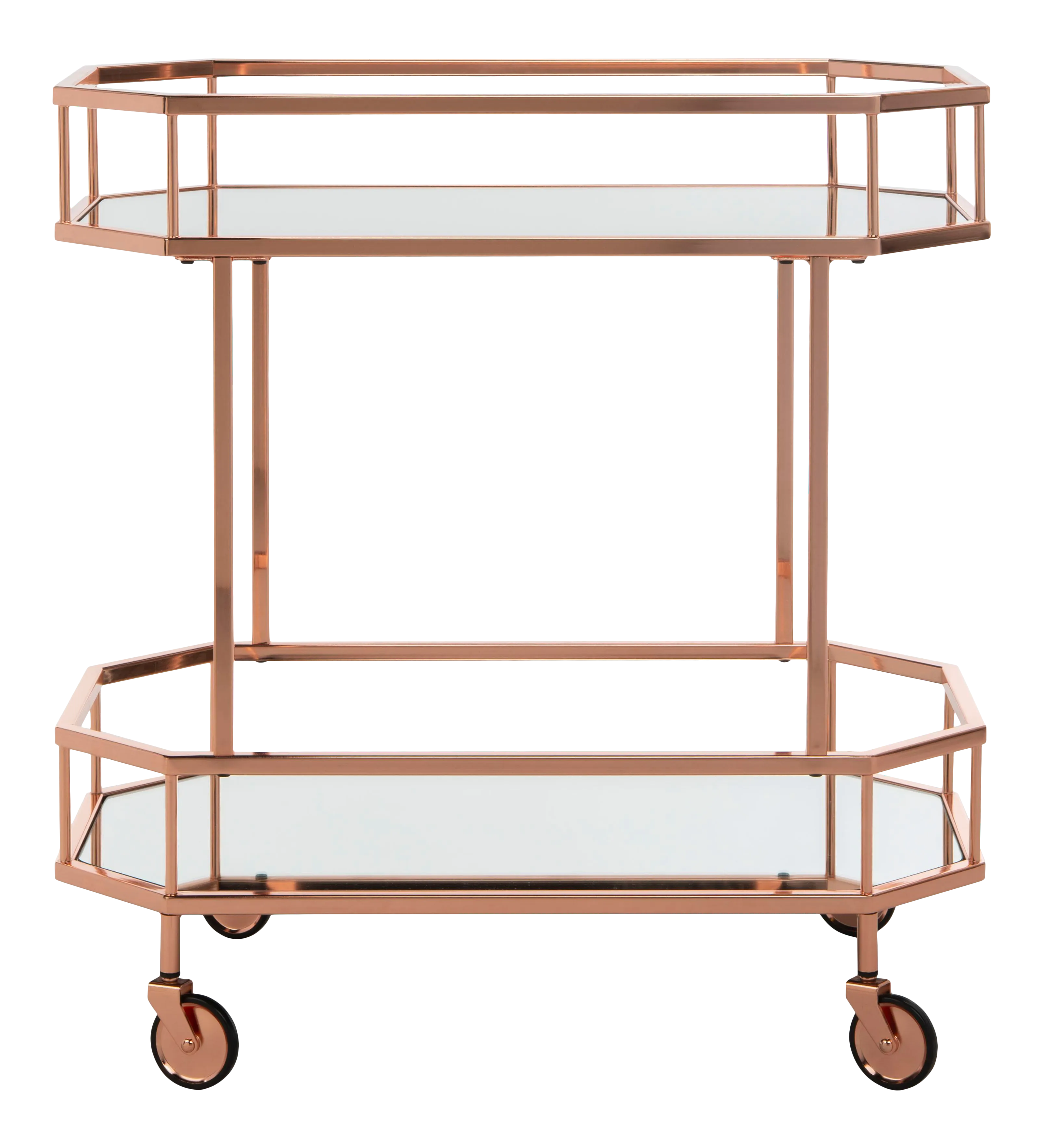 2 Tier Octagon Bar Cart in Rose Gold & Mirror | Chairish