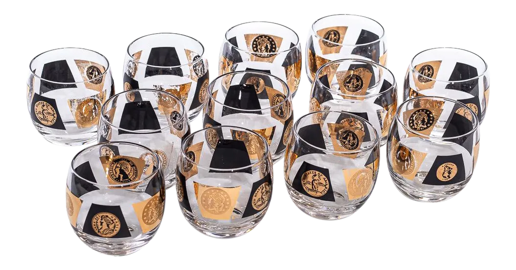 Vintage Large Cera Globe Gold and Black Cocktail Glasses, Set of 12 ...