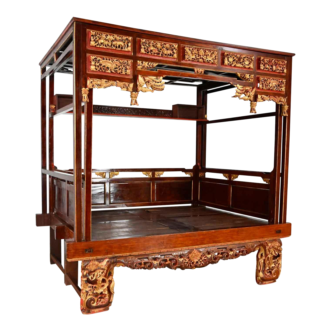 Vintage Chinoiserie Chinese Elm Wedding Opium Canopy Bed Hand Carved ...