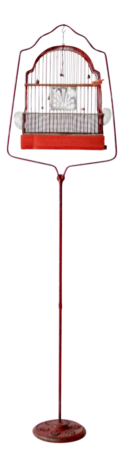 Antique Red Bird Cage with Cast Iron Stand | Chairish