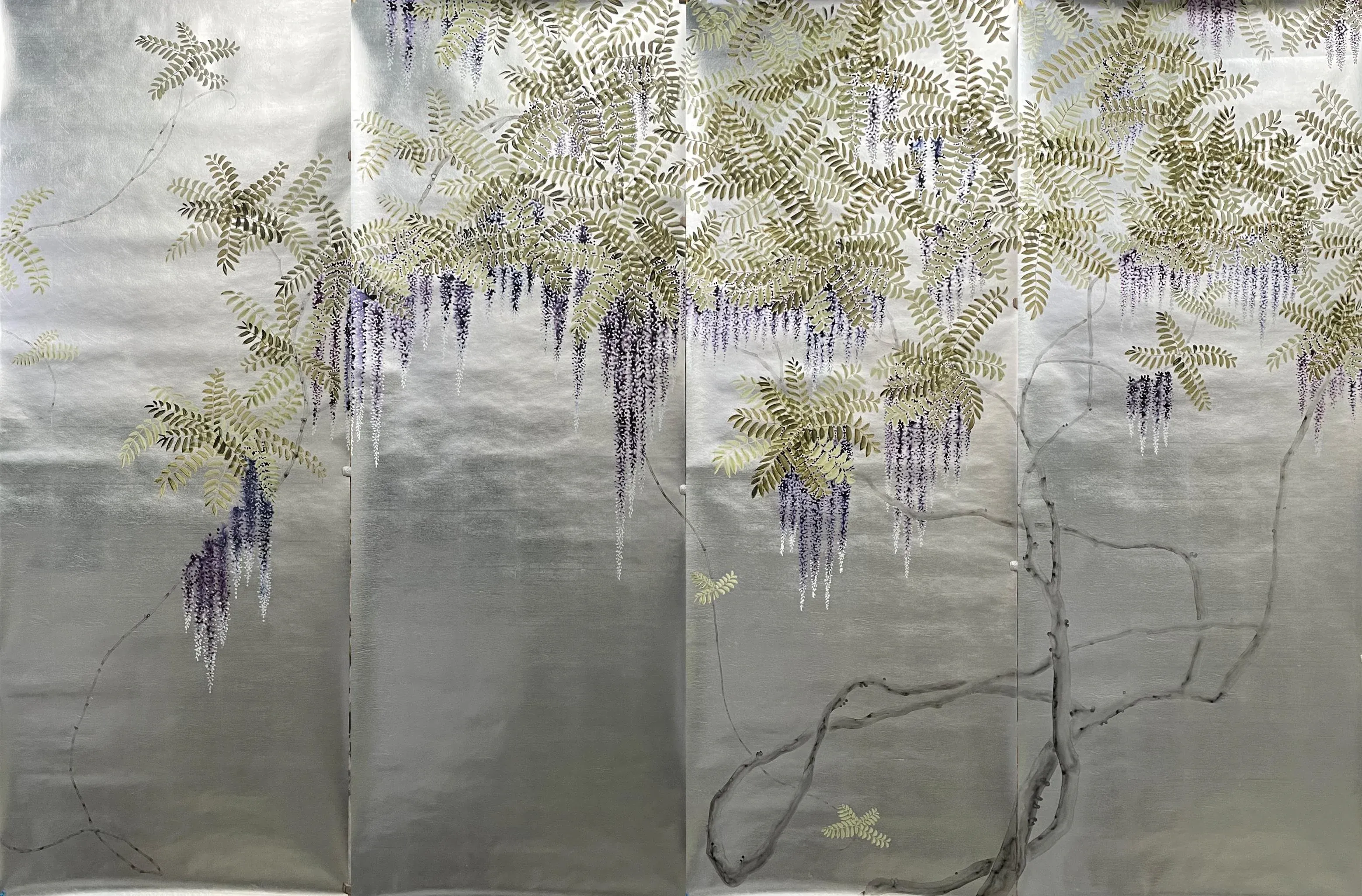 Silver Leaf Wisteria Hand Painted Wallpaper Panels - 4 Panels | Chairish