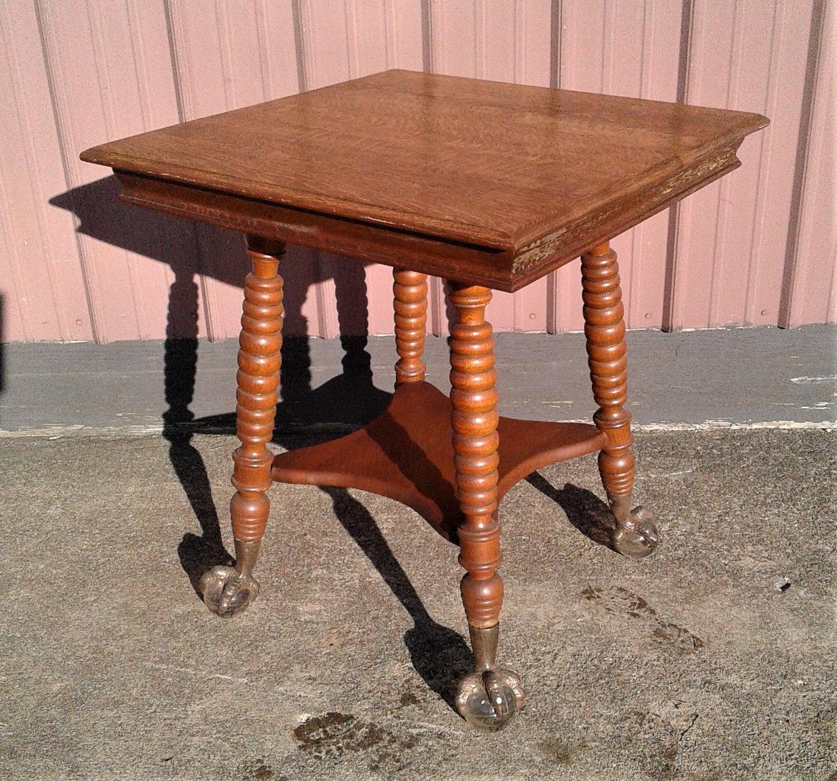 Antique Quarter Sawn Oak Parlor Table With Large Claw Feet and Glass Balls 1900s