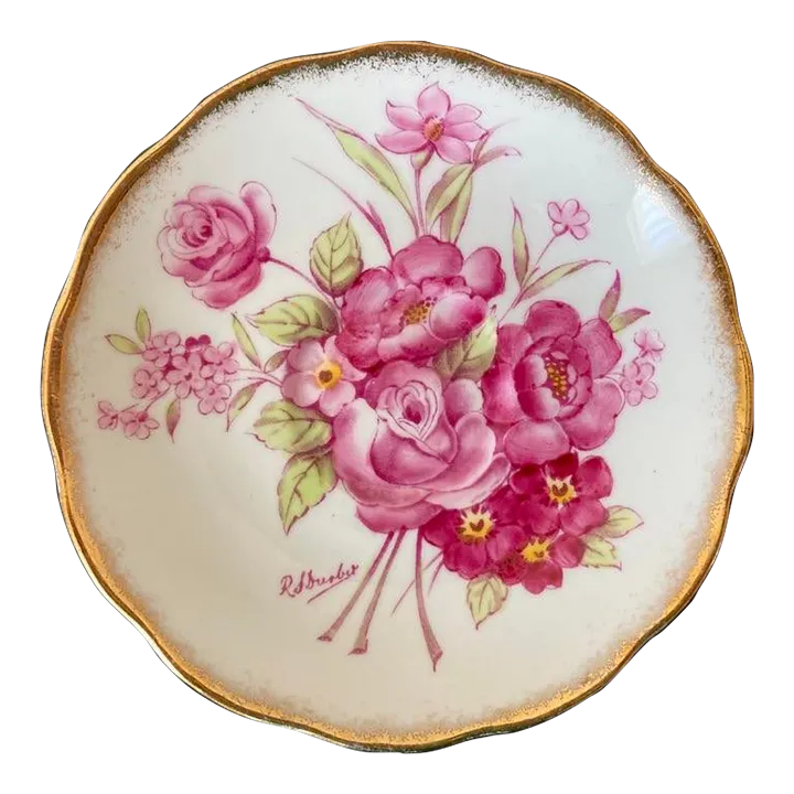 Antique English Porcelain Jewelry Dish With Fuchsia Flower and Gold Rim ...