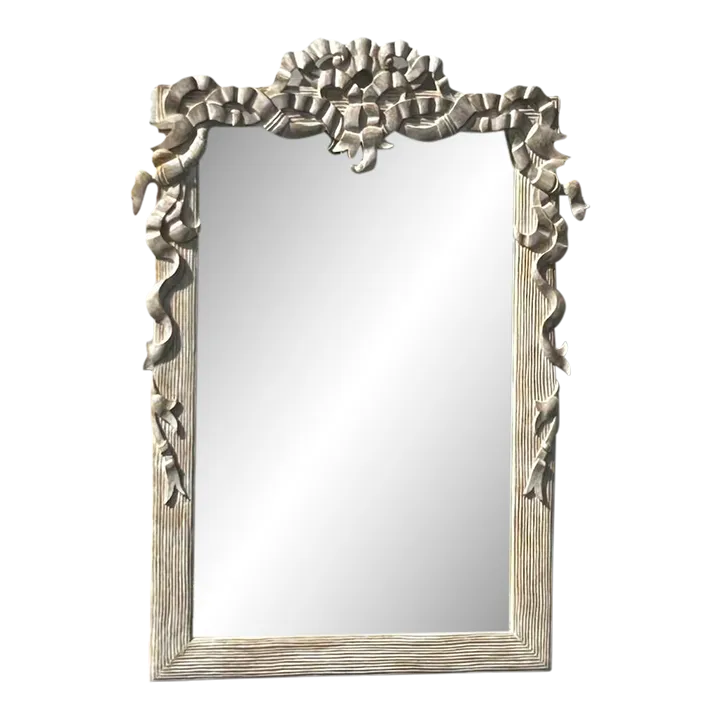 Vintage Cerused Solid Wood Heavily Carved Ribbon Mirror | Chairish