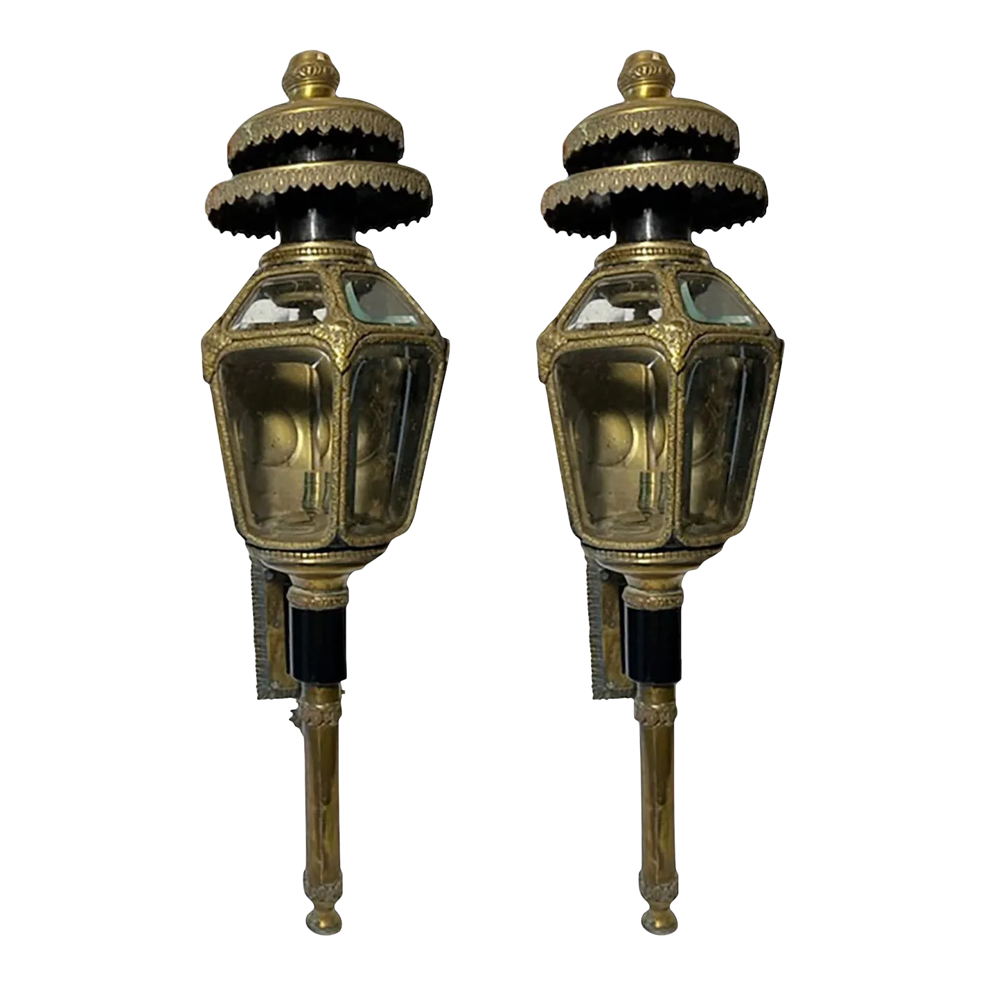 Antique Late 19th Century Brass and Glass Coach Lamps - a Pair | Chairish