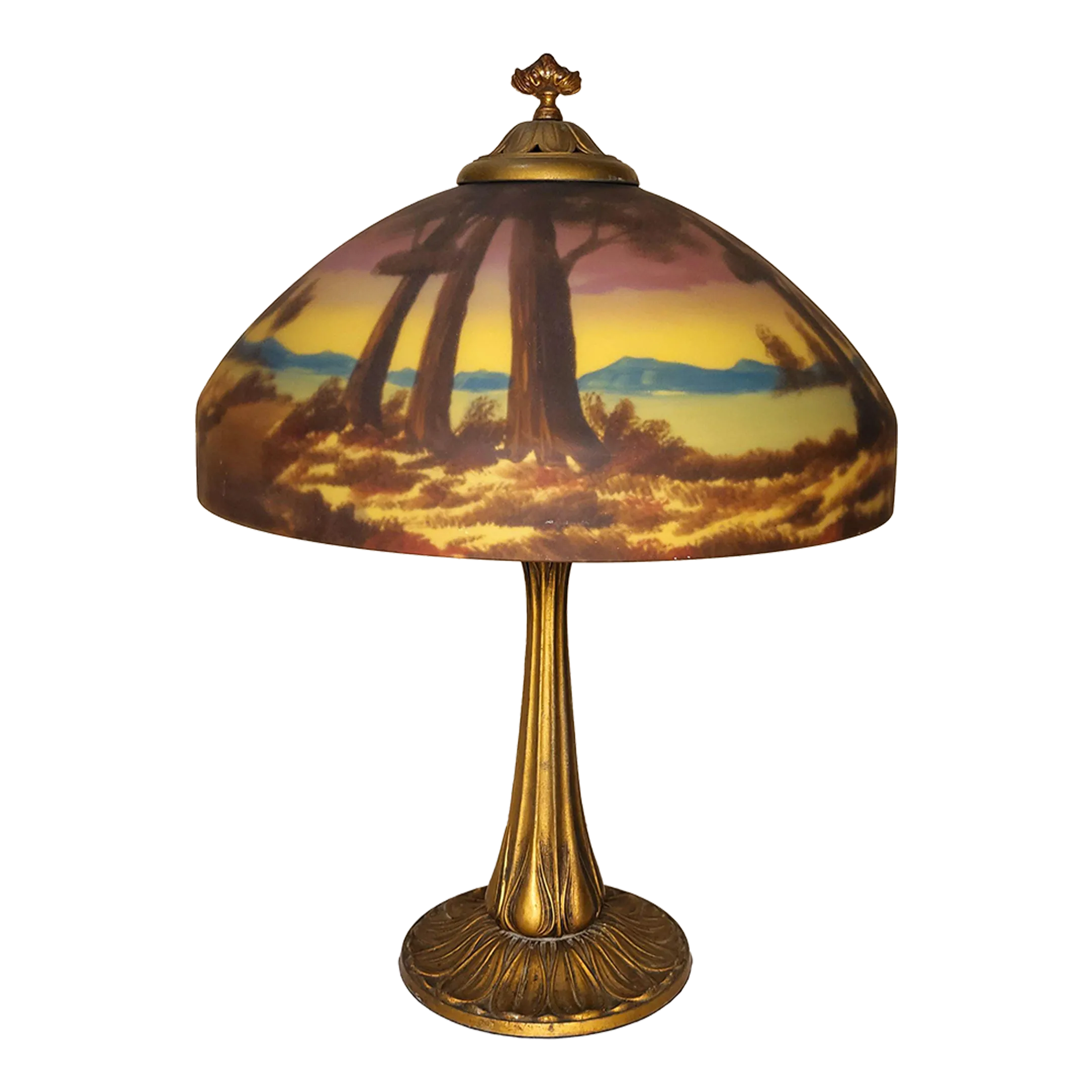 Antique Reverse Painted Desk Lamp With Original Shade | Chairish