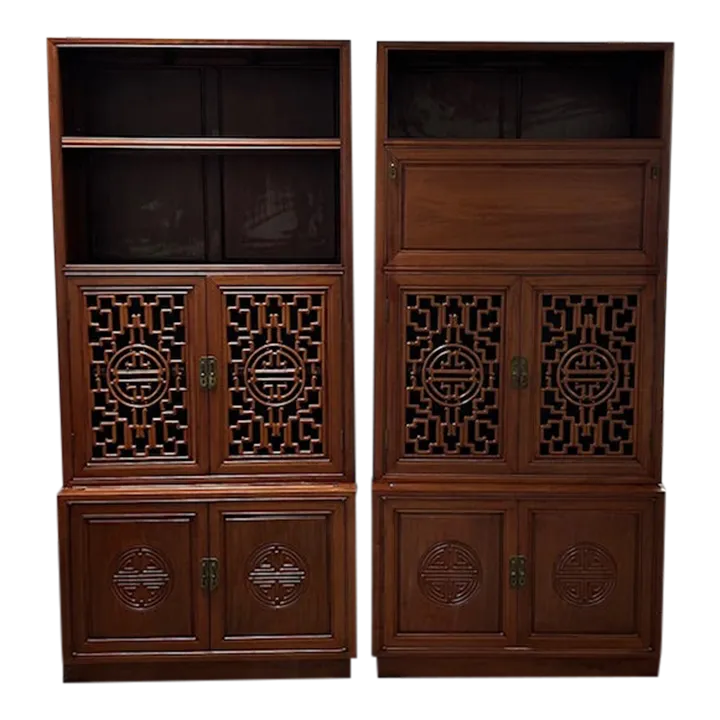 1960s Pair of Chinese Style Carved Solid Rosewood Bookcase Cabinets ...