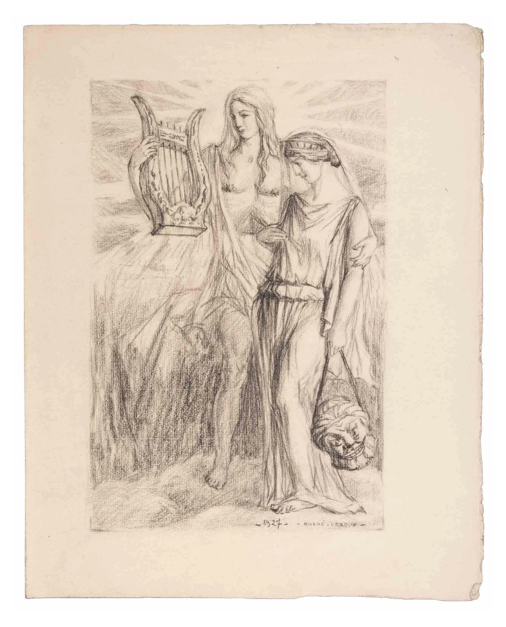 Andre Leroux, Orpheus and Eurydice, Pencil Drawing, 1927 | Chairish