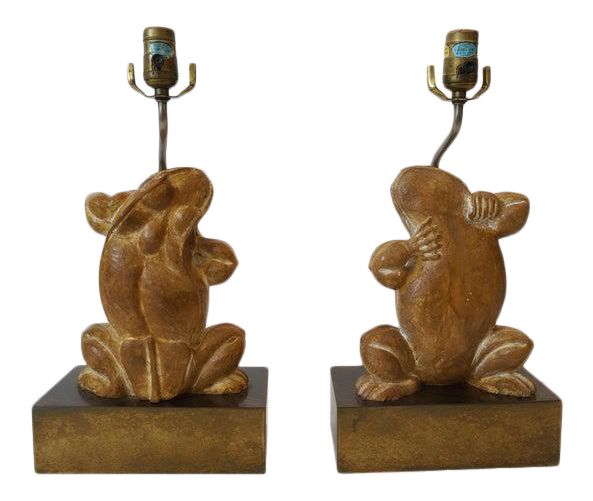 Vintage 1977 Chapman Table Lamps Frog Motif in Carved Wood - the Pair ...