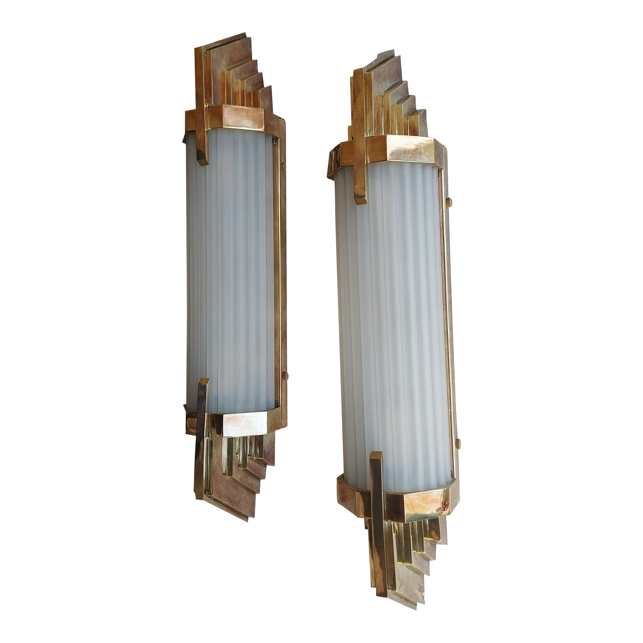Pair Vintage Skyscraper Art Deco Wall Sconces Fixture Brass & Frosted ...