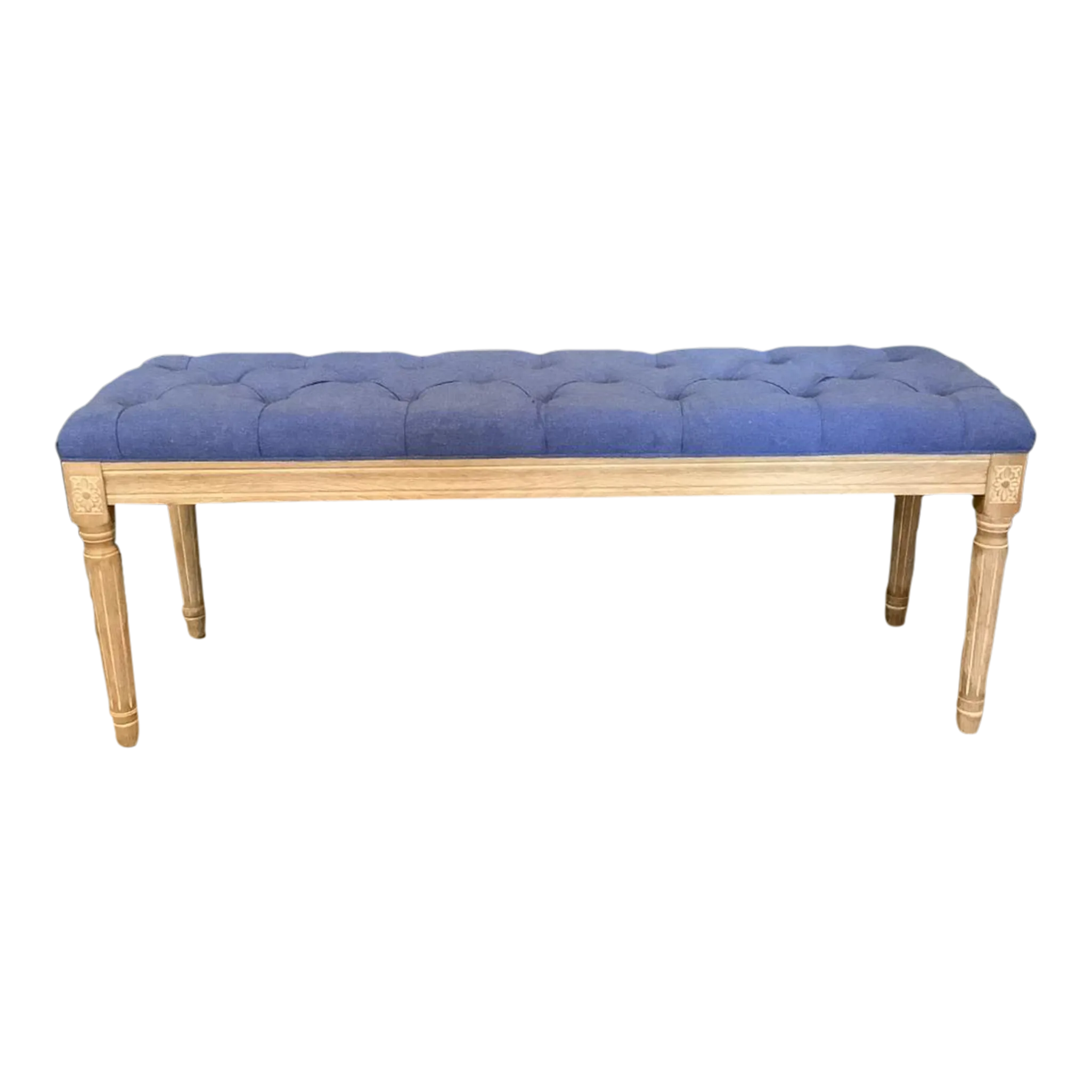 Blue Denim Tufted Long Bench Seat Wood Carved Legs Natural Tone 50" L ...