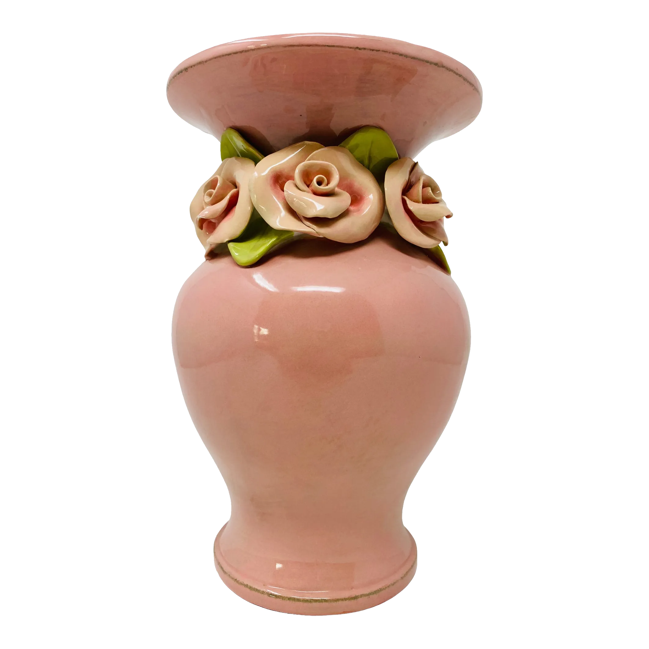 Handmade Ceramic Pink Vase Surrounded With Dimensional Flowers | Chairish