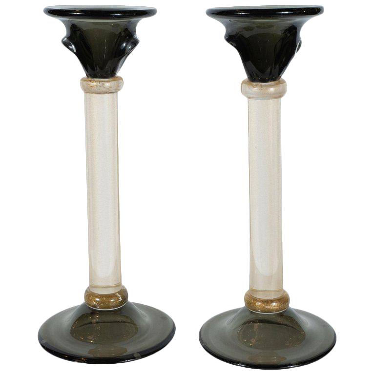 Modernist Handblown Murano Smoked Glass Candlesticks With 24-Karat Gold ...
