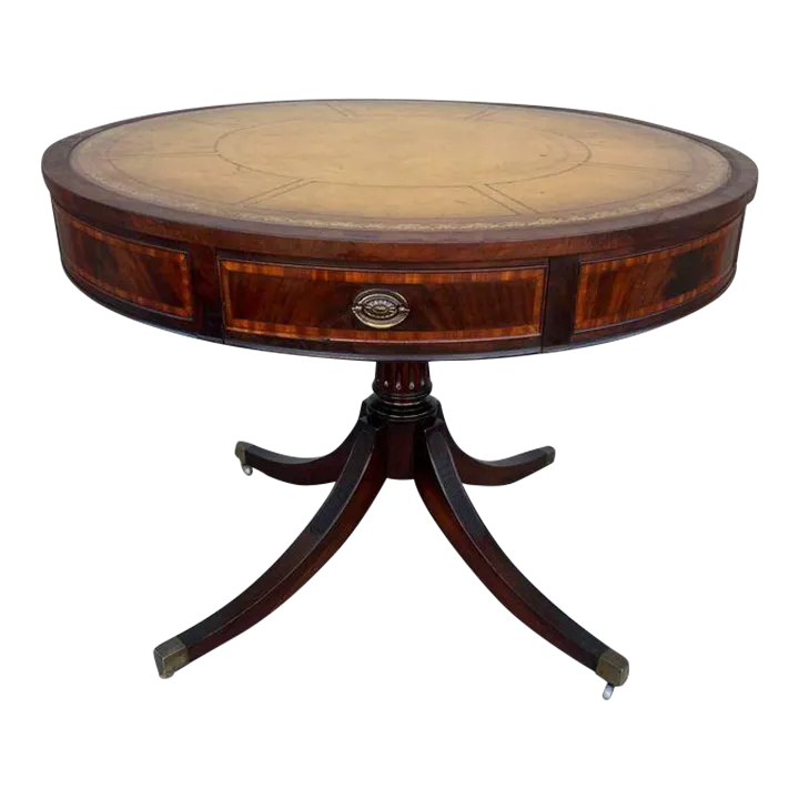19th Century Antique Flame Mahogany Leather Top Drum Table