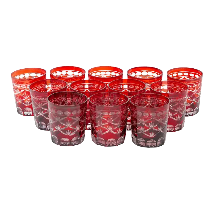 Set of Twelve '12' Antique Ruby Red Cut-To-Clear Rocks Glasses | Chairish