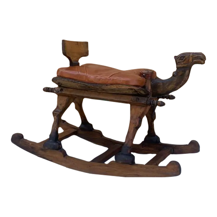 1930s Hand Carved Turkish Wood Camel Rocker With Leather Cushion Seat ...