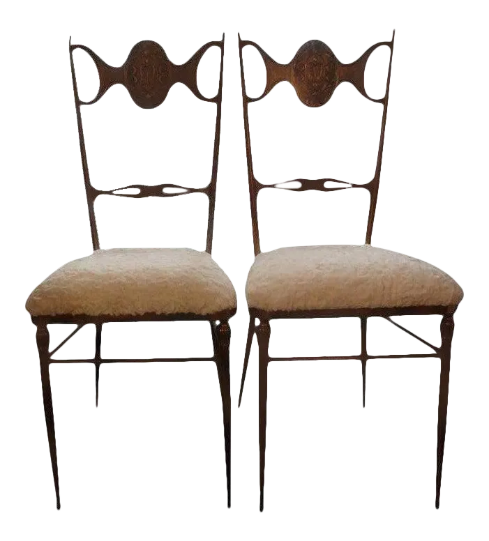 Mid-Century Italian Brass Chiavari Chairs Upholstered in Faux Rabbit ...