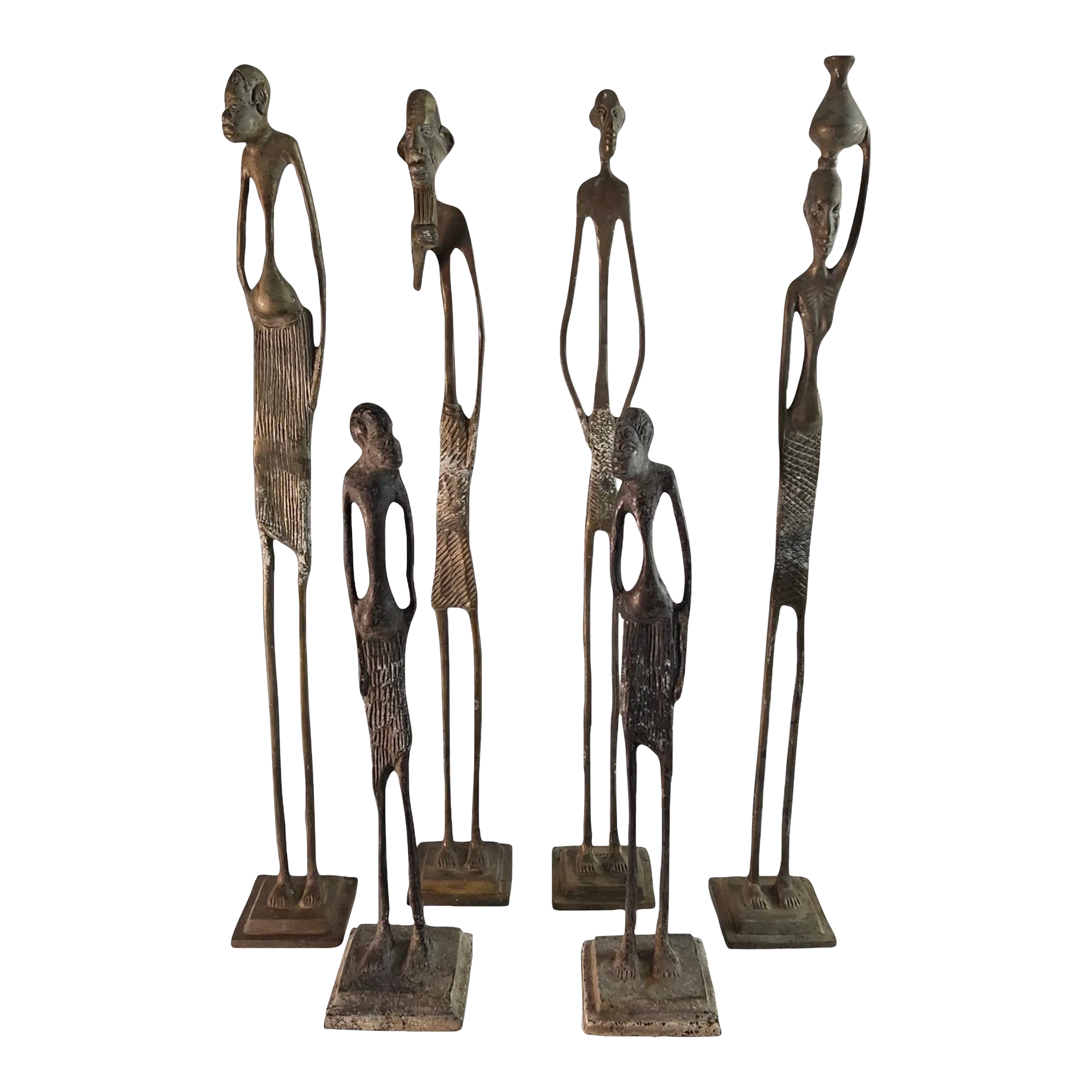 Elongated African Tribal Brass Bronze Statues Set of 6 | Chairish