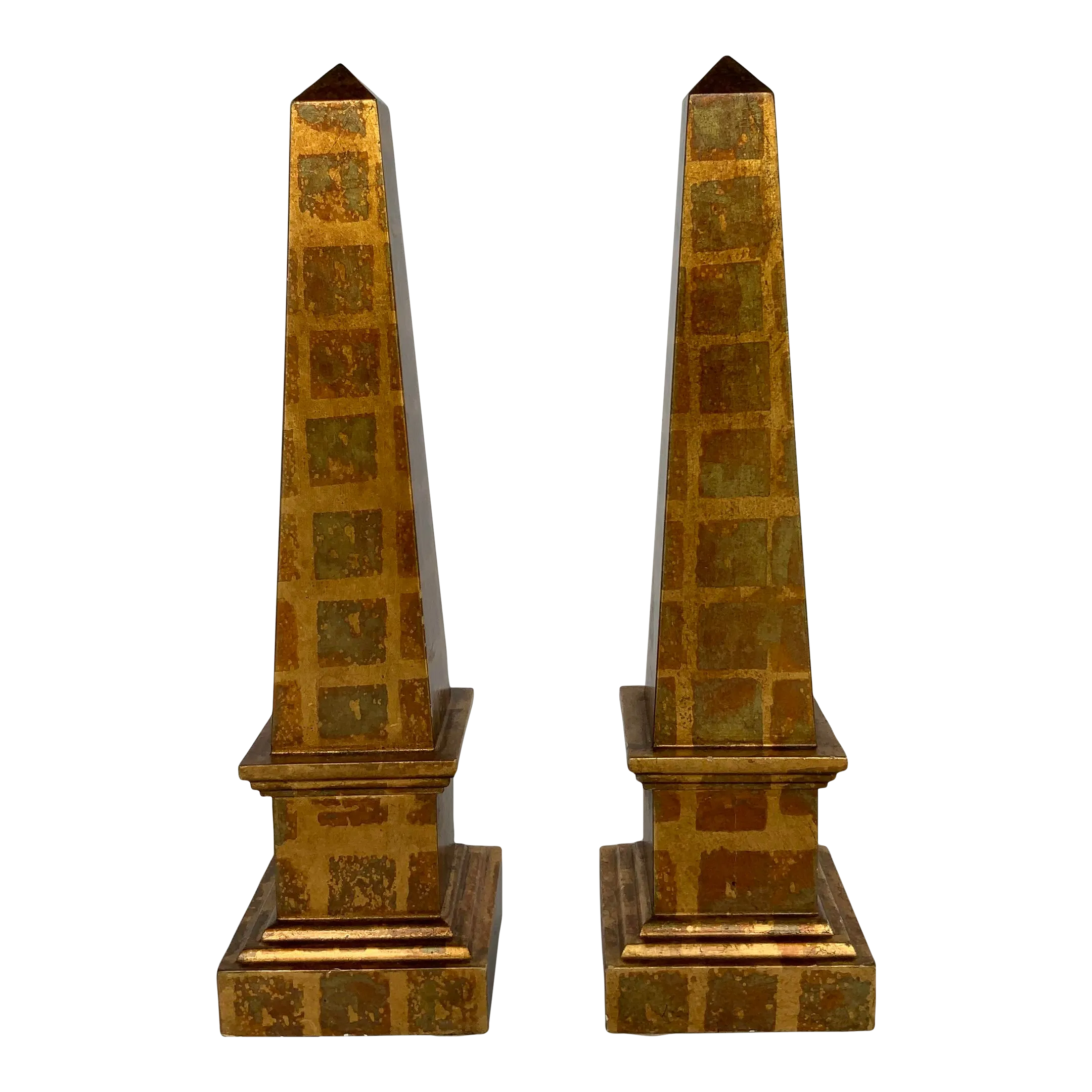 Modern Gold Leaf Finished Grided Obelisk Pair | Chairish