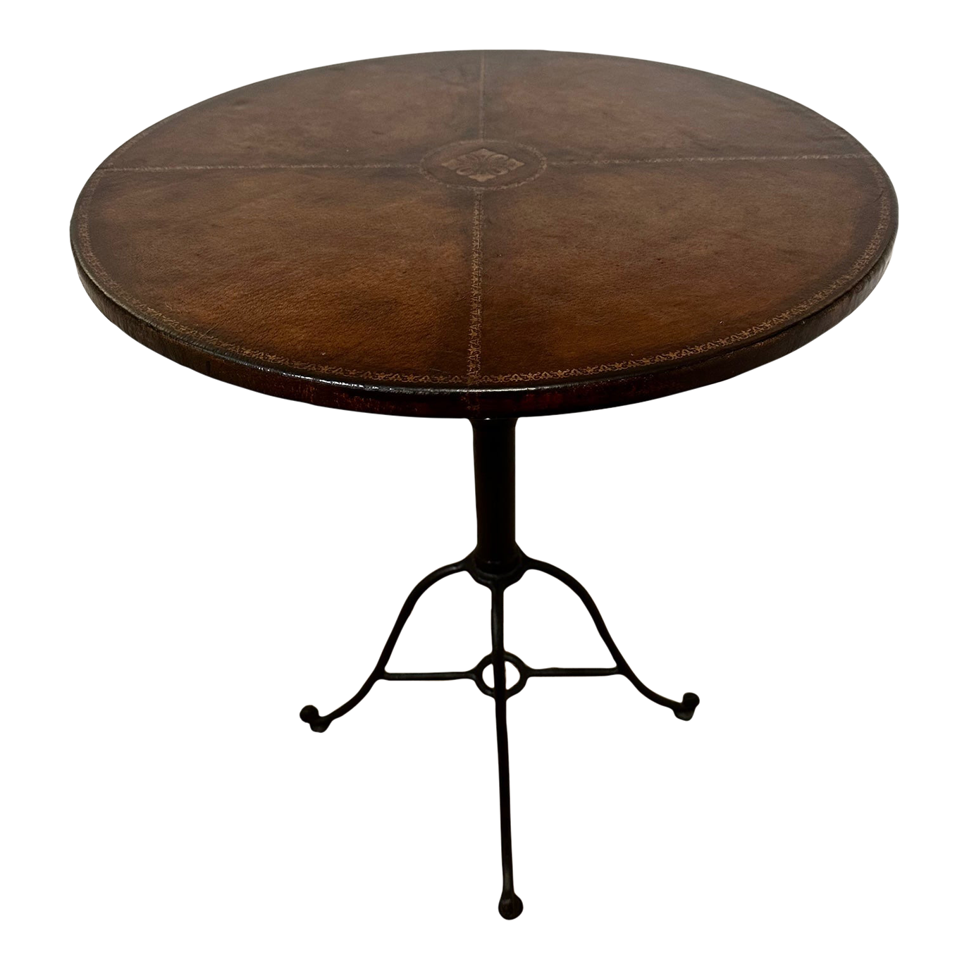 Tooled Leather and Iron Round Side Table | Chairish