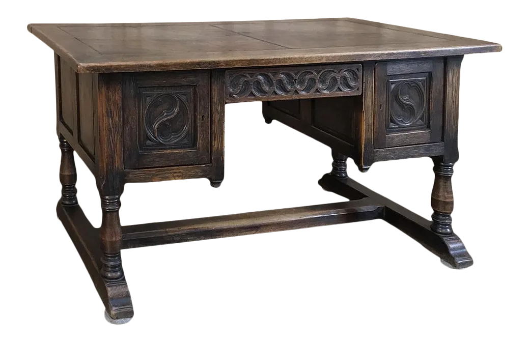 Antique Gothic Oak Desk With Leather Top | Chairish