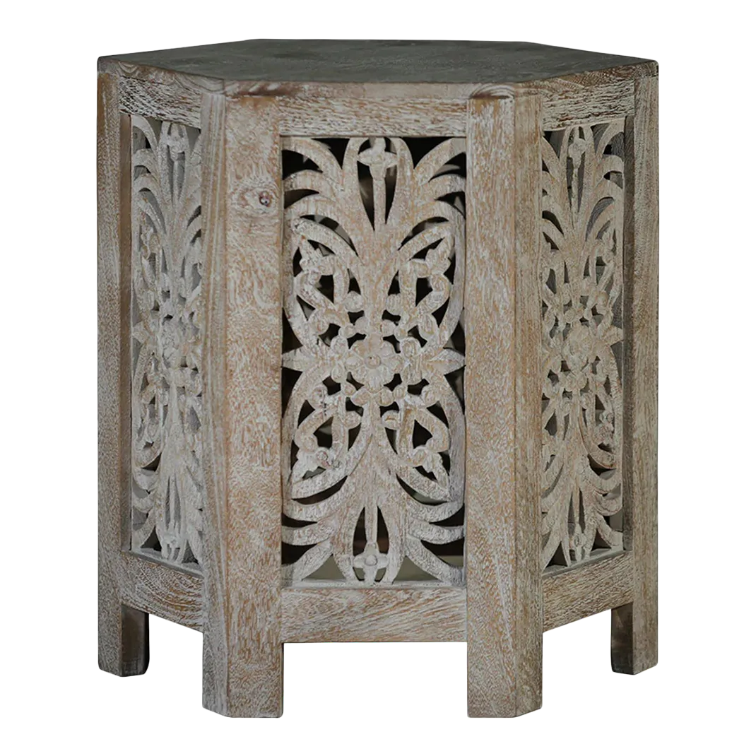 Farmhouse Style Handmade Carved Solid Mango Lattice Side Table | Chairish
