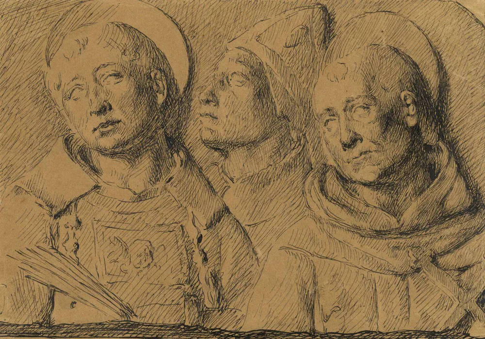 G. Cervelli, Triple Portrait of Saints in Relief, 1910s, Pen & Ink Drawing | Chairish