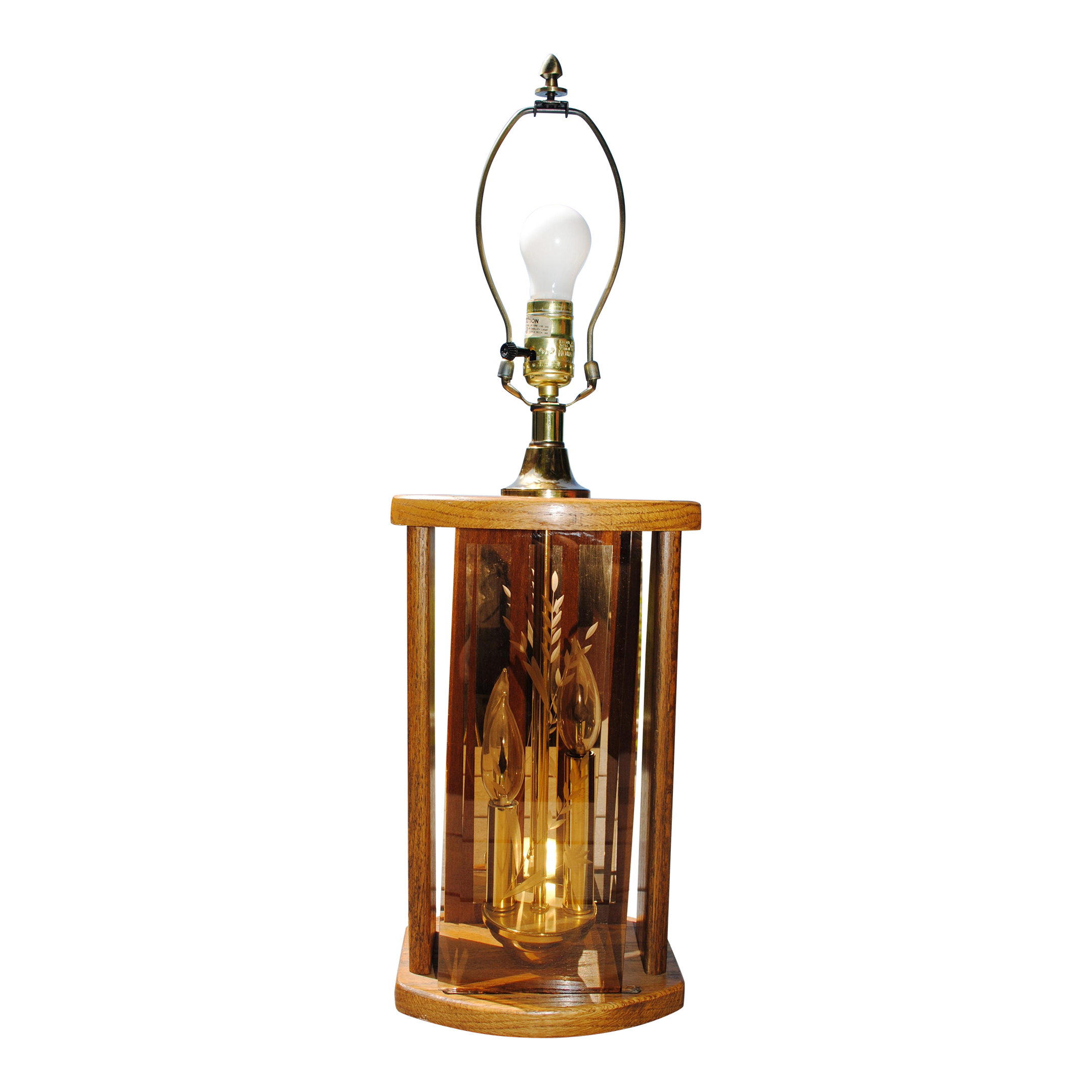 Vintage Oak Amber Glass Table Lamp - Flickering Candles | Chairish