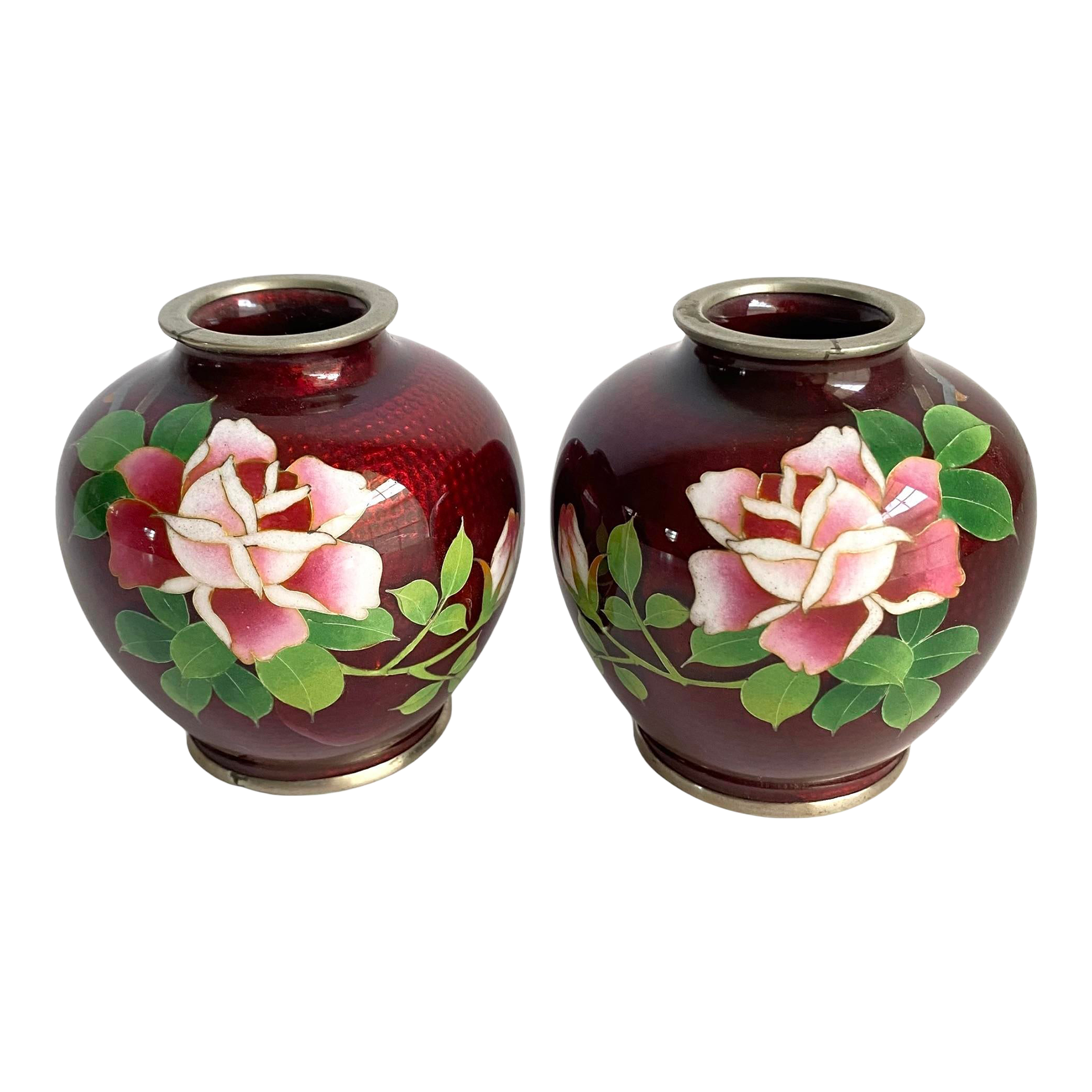 Vintage Japanese Akasuke Ginbari Cloissone Petite Vases Pigeon Blood ...