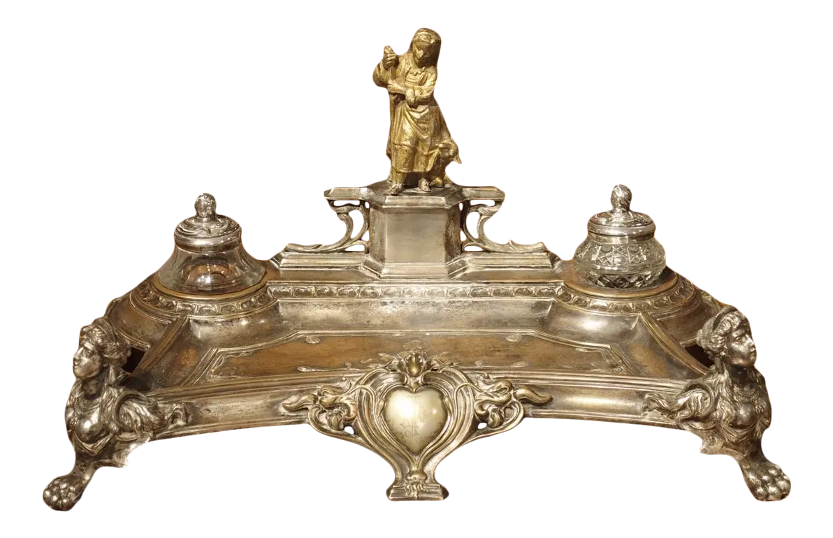 Circa 1900 Silvered Brass and Gilt Encrier With Shepherdess and ...